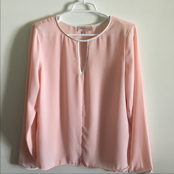Philosophy | Tops | Philosophy Blush Pink Sheer Blouse Wwhite Piping ...